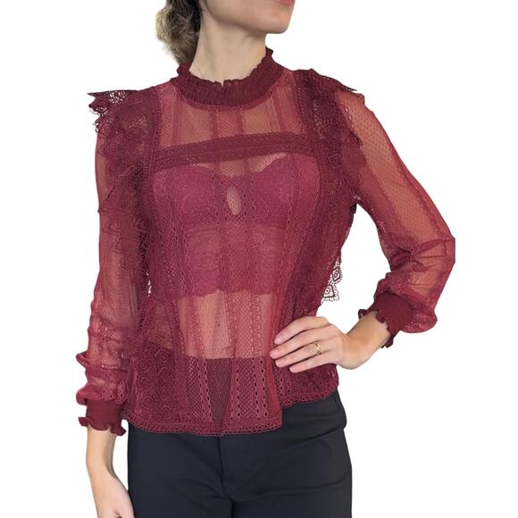 Zara | Tops | Zara Burgundy Lace Sheer Top Ruffle Crochet Fairycore ...